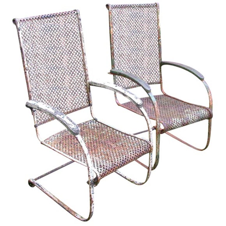 Pair of 1930's Iron and Spring Steel Garden Chairs at 1stDibs