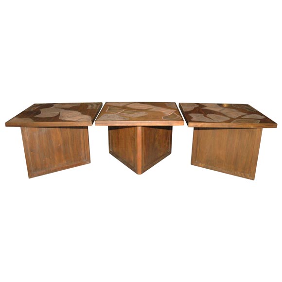 Walnut Coffee/Side Table Trio with Inlaid Heath Pottery Tiles at 1stDibs