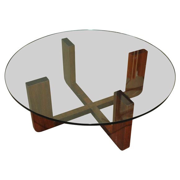 Glass top coffee table with walnut veneer at 1stDibs