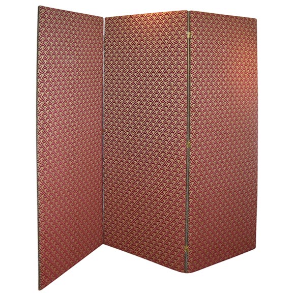 WONDERFUL UPHOLSTERED THREE PANEL FOLDING SCREEN. at 1stDibs