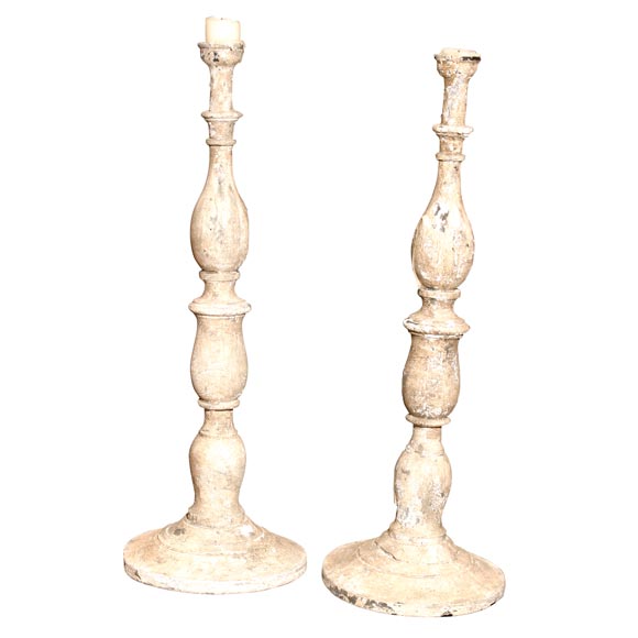 Pair of Tall Crusty White Painted Candlesticks at 1stDibs