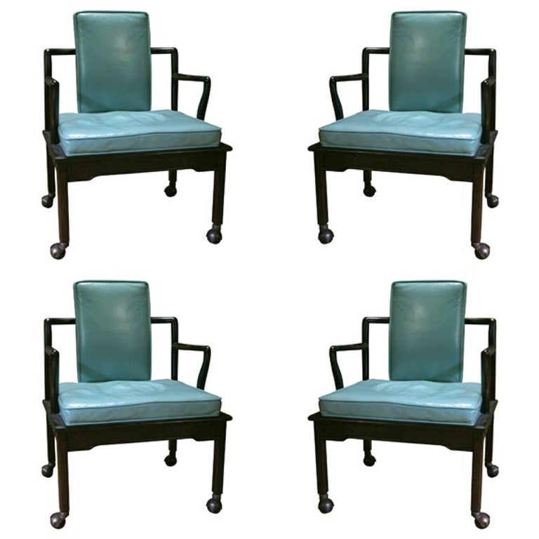 Set of Four Turquoise Leather Club Chairs by Widdicomb For Sale at 1stDibs