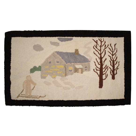 MOUNTED 1930'S SNOW SCENE HAND HOOKED RUG at 1stDibs