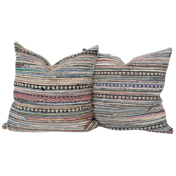 Vintage rag rug pillows with homespun backing at 1stDibs