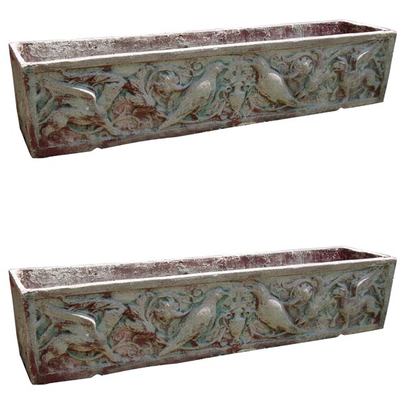 Planters with bas relief of birds griffon and urn For Sale at 1stDibs