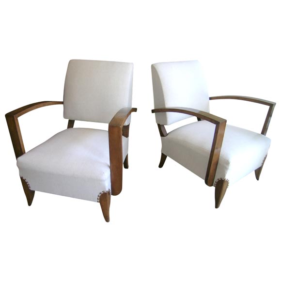 French Deco Open Arm Chairs with brass studs at 1stDibs
