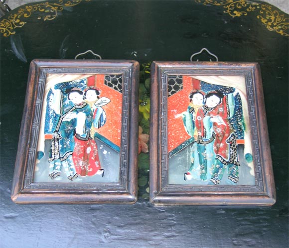 Pair of Antique Chinese Reverse Paintings og Glass at 1stDibs