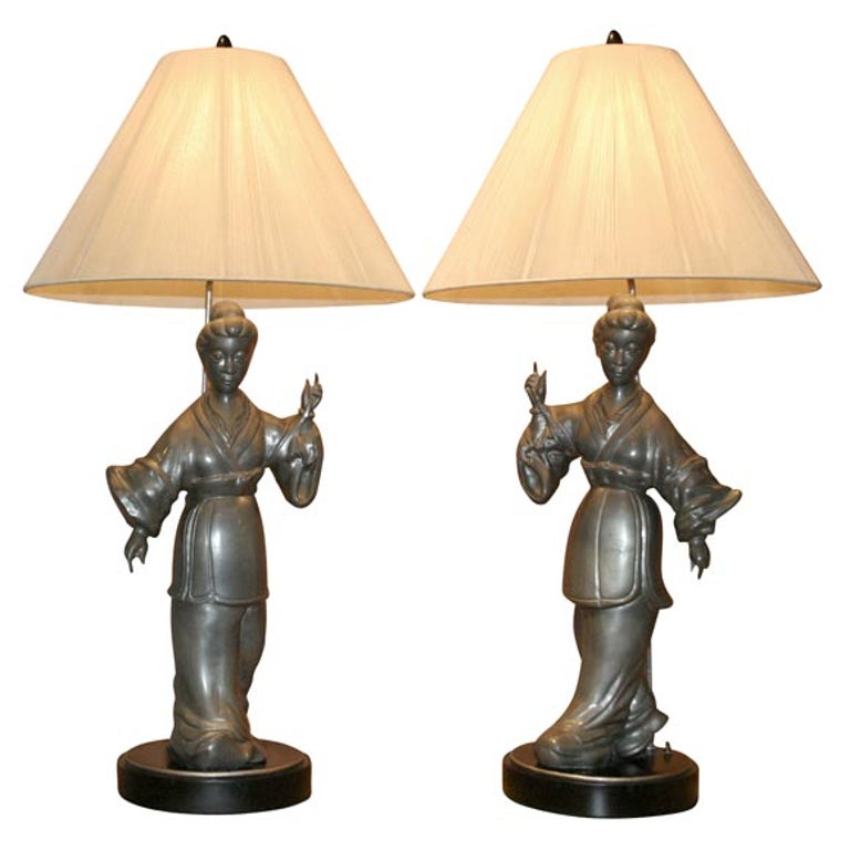 Pair Chinese Figural Pewter Lamps at 1stDibs