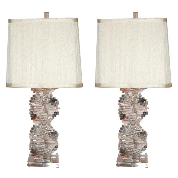 Pair of Tall Lucite Helix Lamps with String Shades at 1stDibs