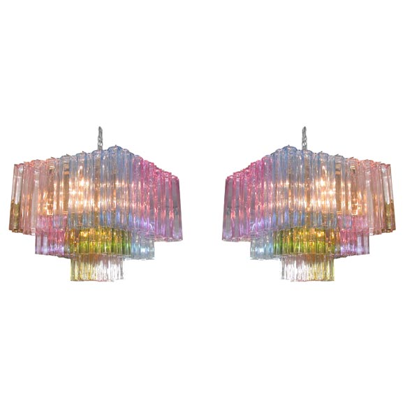 SPECTACULAR PAIR OF COLORED GLASS CHANDELIERS BY DANTE CERZA at 1stDibs