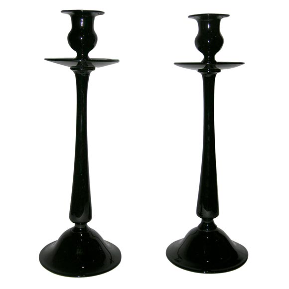 Pair of black glass candlesticks at 1stDibs