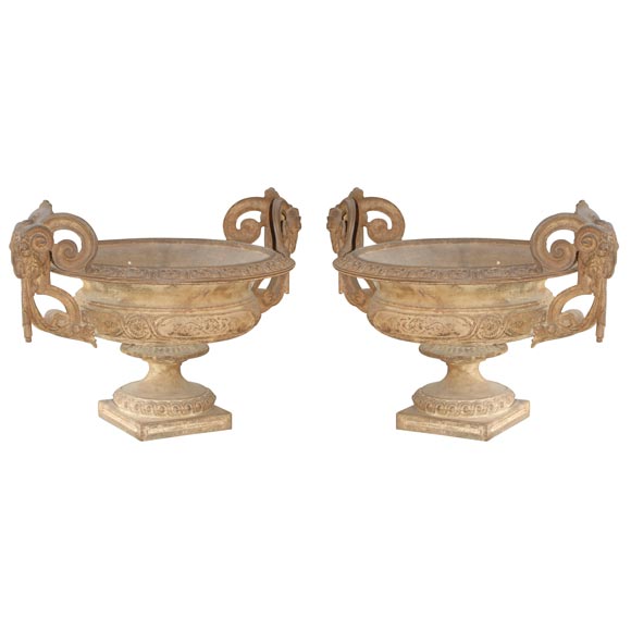 Amazing Pair of Cast Iron Urns with Rams Heads. at 1stDibs