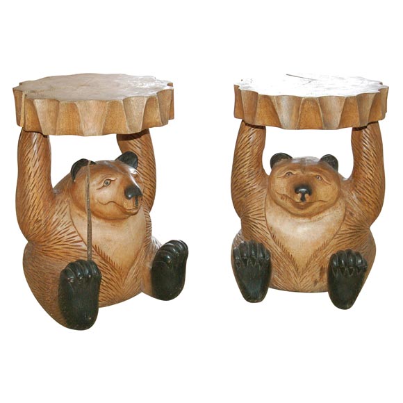 CUDDLY HANDCARVED DECORATIVE BEAR TABLES/STOOLS at 1stDibs