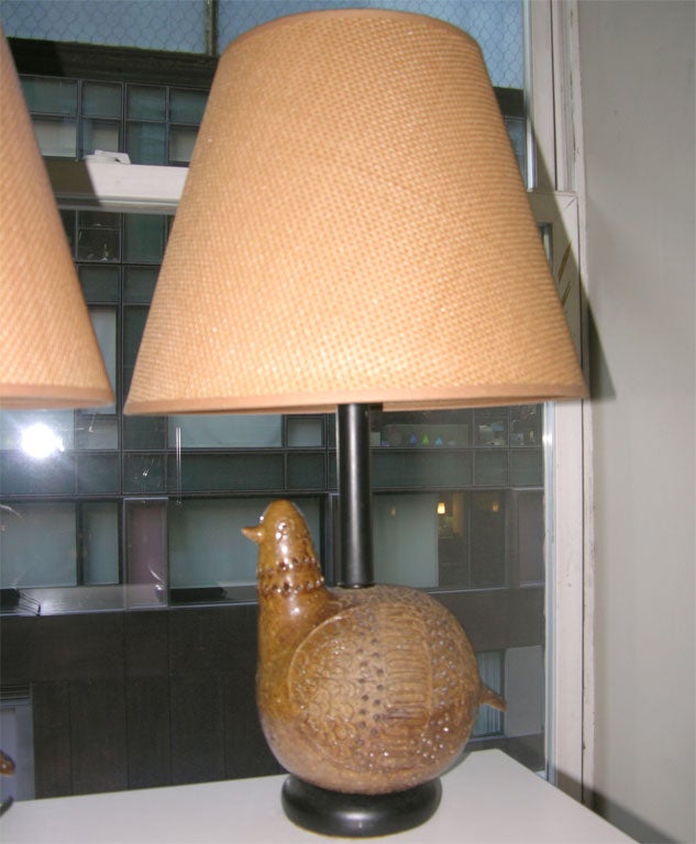 Pair of ceramic bird lamps with original woven shades at 1stDibs
