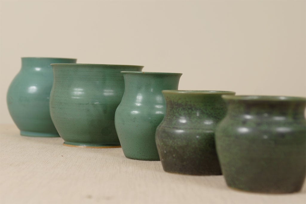 North Carolina Signed Set of Five Green Pottery Vase Collection at 1stDibs