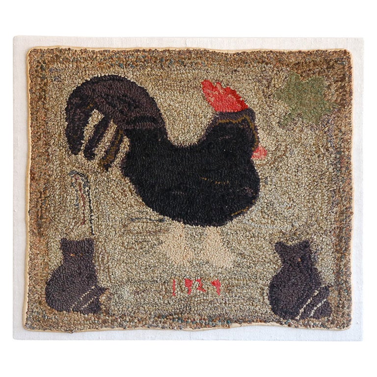 RARE-MOUNTED HAND HOOKED PICTORIAL ROOSTER and CAT RUG at 1stDibs