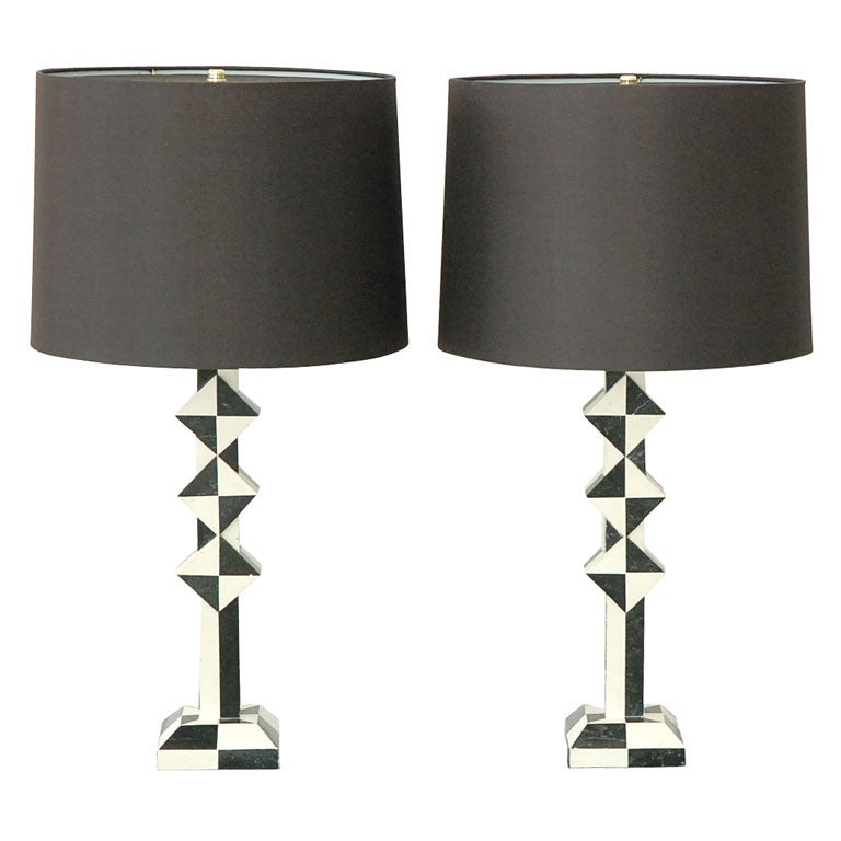 Pair of Stone Veneered Black and White Lamps with Silk Shades at 1stDibs