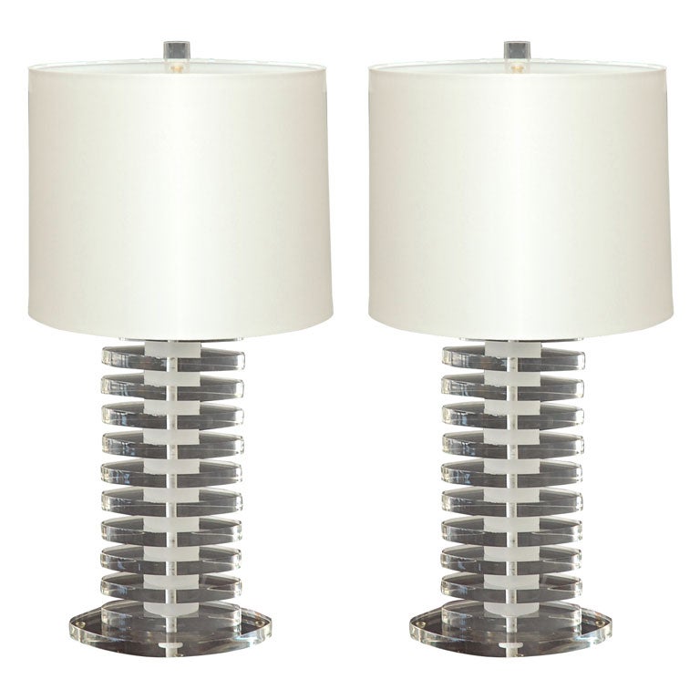 Pair of Stacked Lucite Table Lamps with Silk Shades at 1stDibs