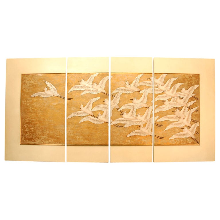 4 Panel Gold Leaf and Lacquer Relief at 1stDibs