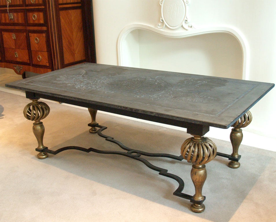 Gilt Wrought Iron Coffee Table with Etched Slate Top at 1stDibs