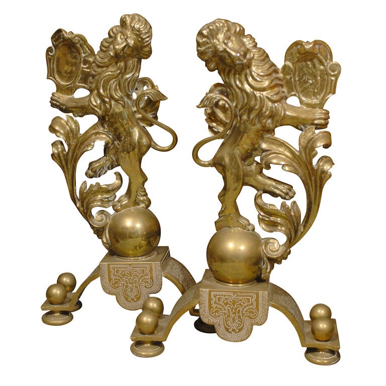 PAIR OF LARGE ENGLISH BRASS LION ANDIRONS at 1stDibs