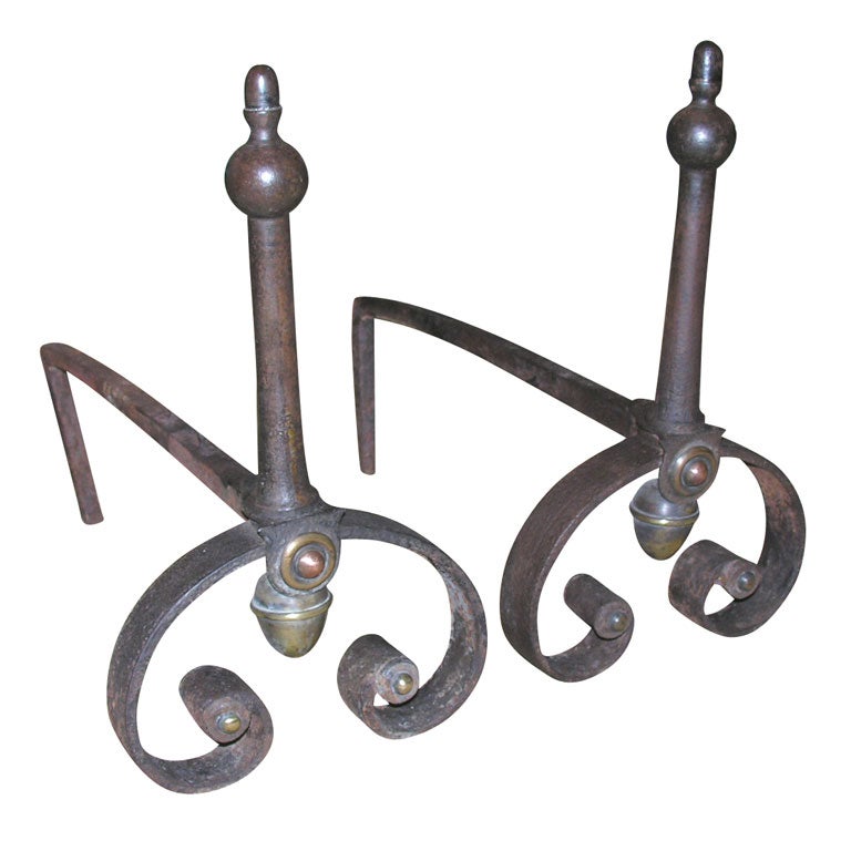 Pair of Iron and Bronze Andirons with Acorn Finials at 1stDibs
