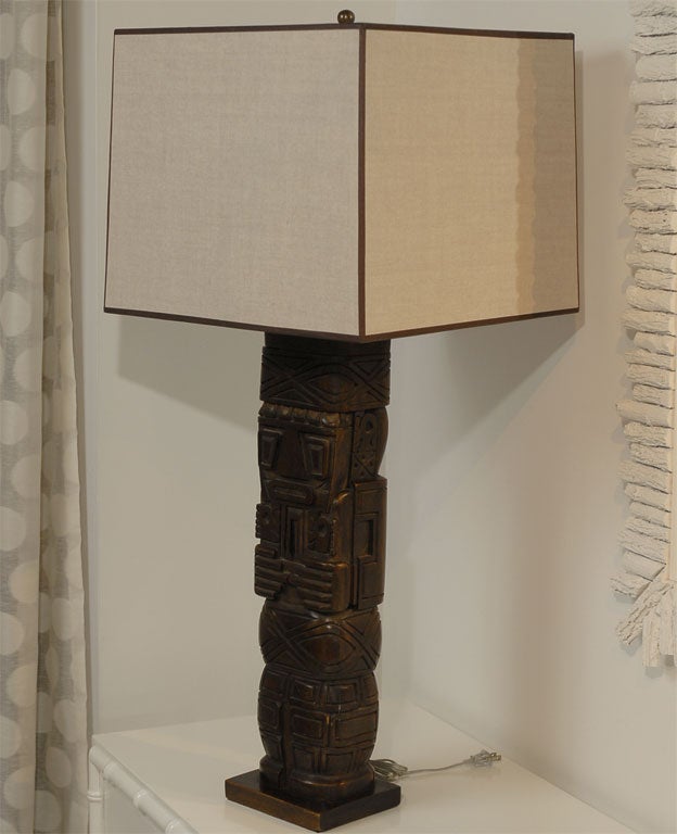 Pair of Carved Wood Aztec Lamps at 1stDibs