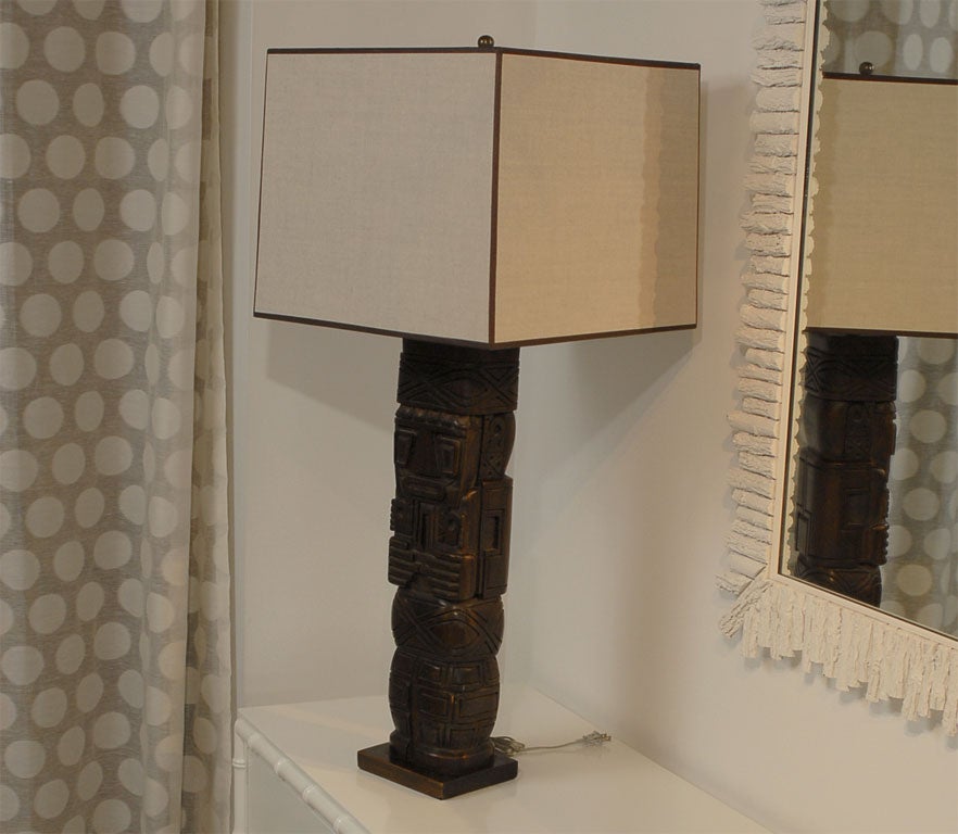 Pair of Carved Wood Aztec Lamps at 1stDibs