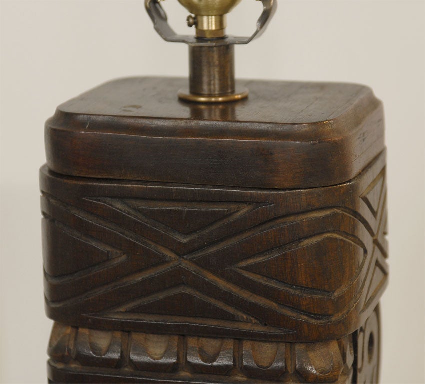 Pair of Carved Wood Aztec Lamps at 1stDibs