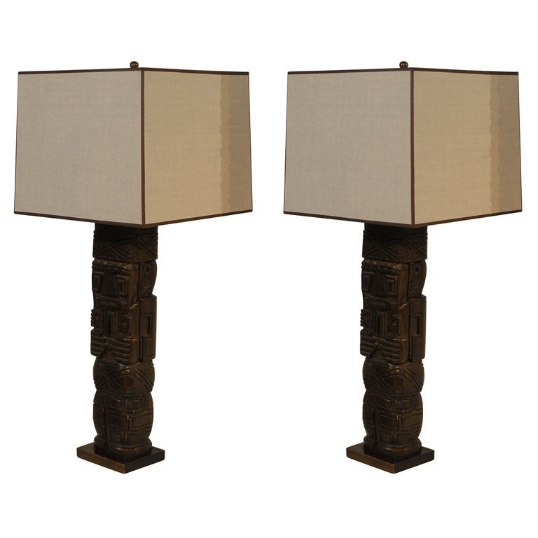 Pair of Carved Wood Aztec Lamps at 1stDibs