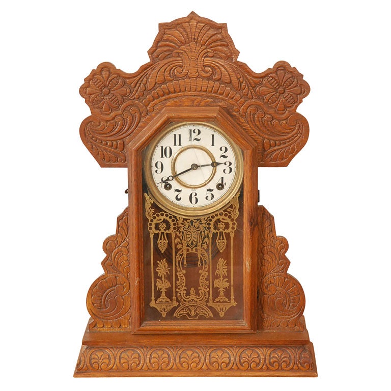 19TH C. OAK GINGERBREAD MANTEL CLOCK at 1stDibs