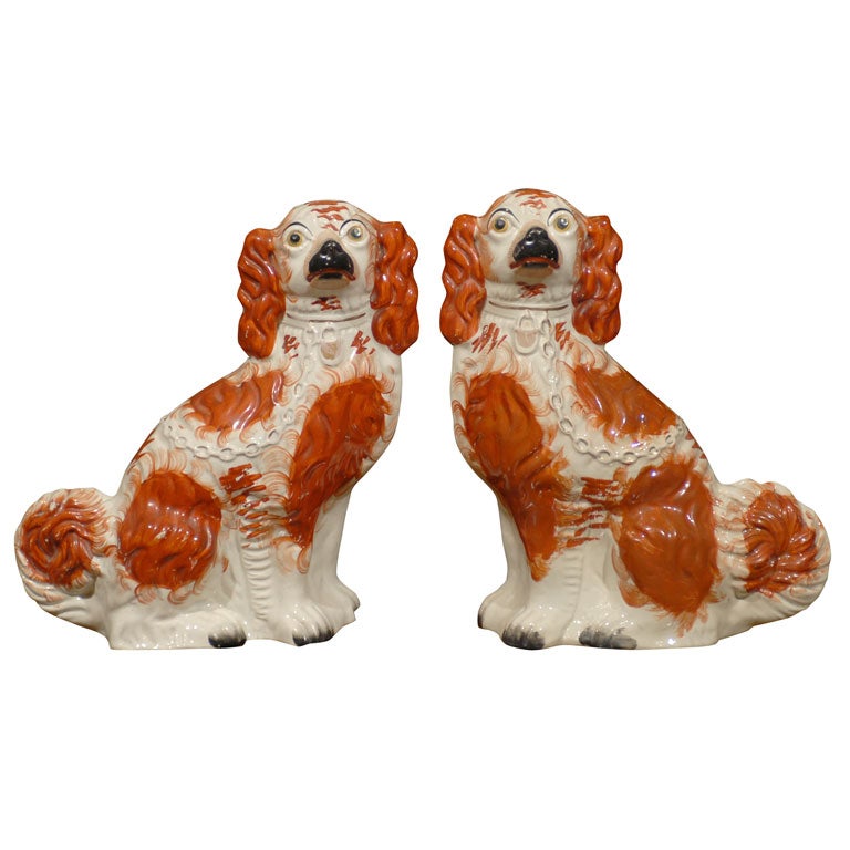 Pair of 19th C. Large Red Fantail Staffordshire Dogs at 1stDibs