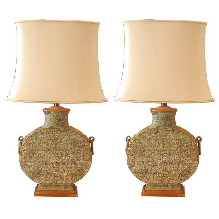 Pair of Large Scale Bronze Table Lamps in the Asian Style at 1stDibs