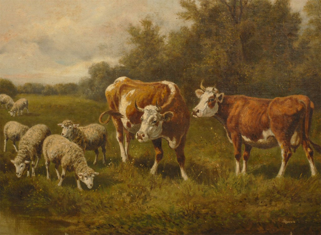 Painting of Cows and Sheep in a Peaceful Pastoral Setting at 1stDibs ...