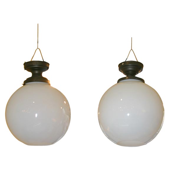 Pair of white glass globe fixtures at 1stDibs