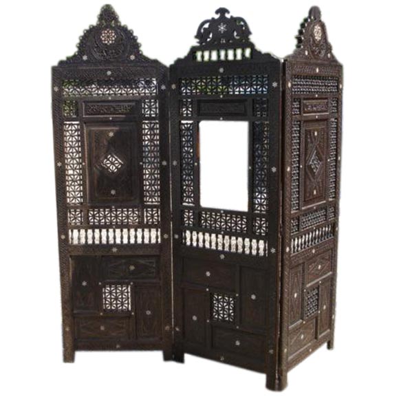 3 Panel Paravan Screen with Mother of Pearl Inlay at 1stDibs