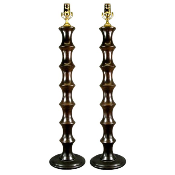 Pair mid century turned wood table lamps at 1stDibs