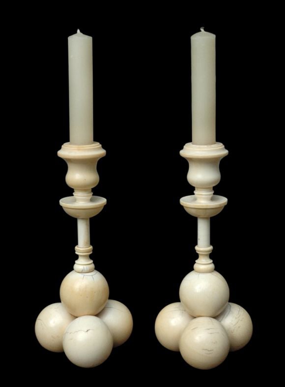 PAIR OF ENGLISH VICTORIAN IVORY CANNON BALL-FORM CANDLESTICKS at 1stDibs