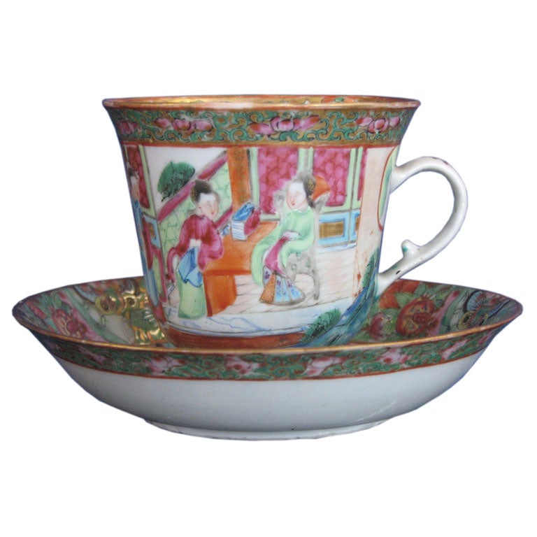 Set of Six (6) Handpainted Porcelain Mandarin Cups and Saucers at 1stDibs