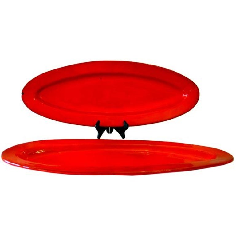 Two Large French Mid-Century Red Glazed Ceramic Platters by Voltz for ...