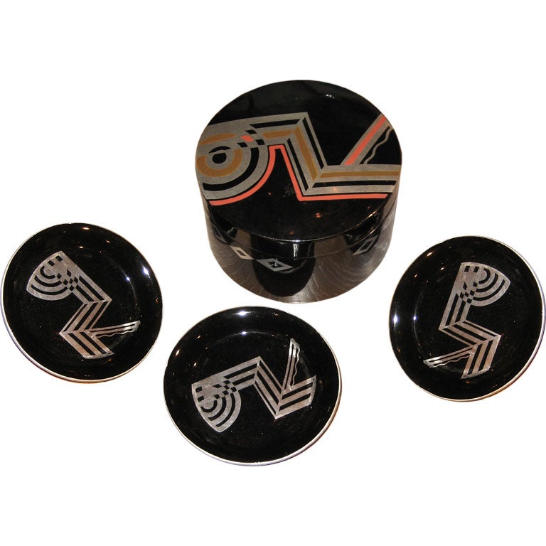 Machine Age Japanese Lacquer Coaster Set with Container For Sale at 1stDibs
