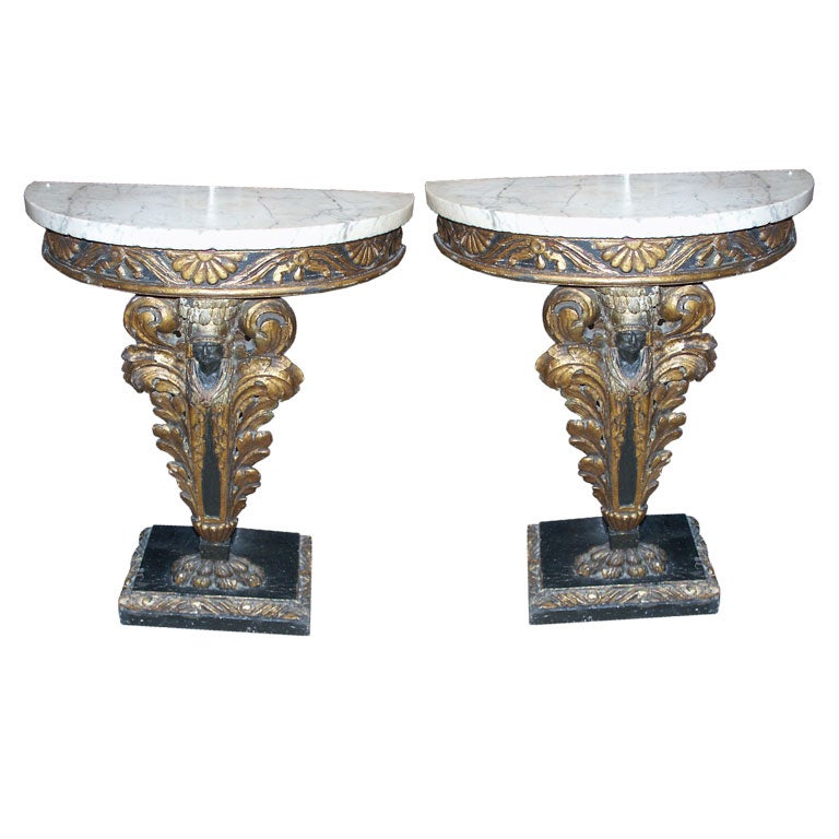Pair of Continental Baroque Parcel Gilt Italian Consoles Tables at 1stDibs