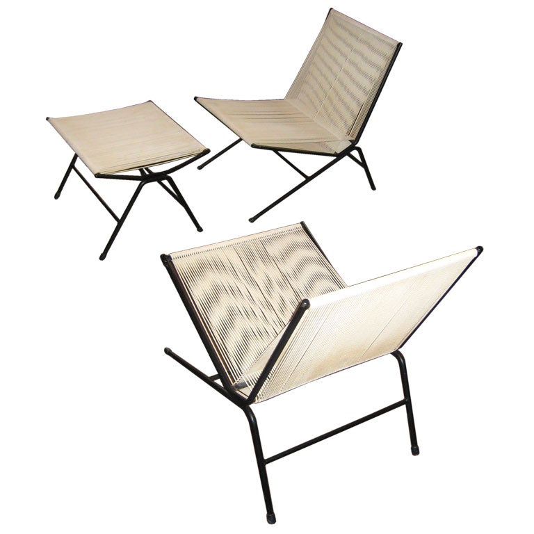 Pair of Alan Gould String Chairs and Ottoman at 1stDibs