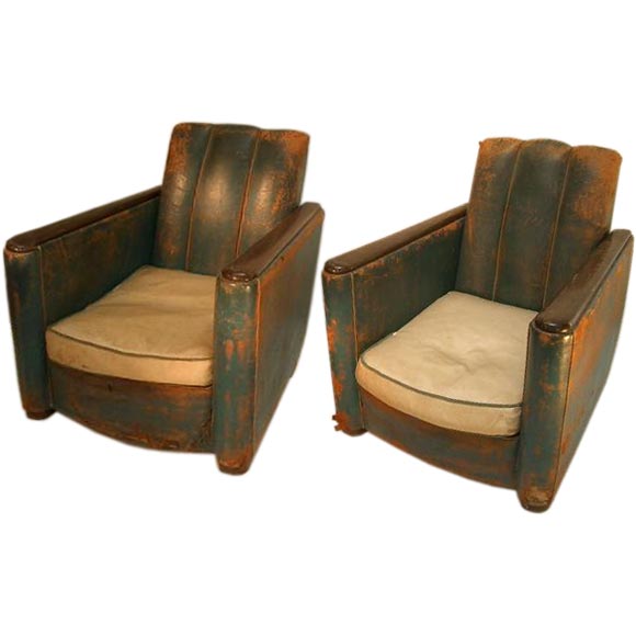 Pair Blue-Green Leather Deco Club Chairs at 1stDibs