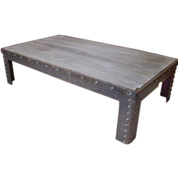 Riveted Iron Coffee Table With Wood Top at 1stDibs