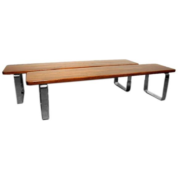 Pair of California Craftsman wood benches with steel chrome legs at 1stDibs