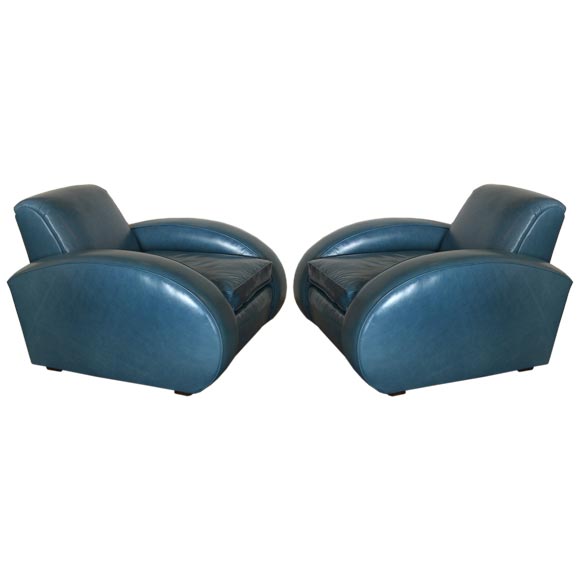 Pair Streamline Club Chairs in Cerulean Blue Leather at 1stDibs