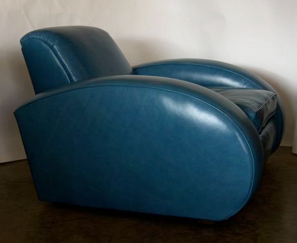 Pair Streamline Club Chairs in Cerulean Blue Leather at 1stDibs