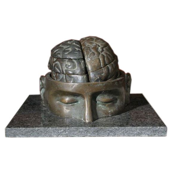 A Surreal Brass Sculpture of a Head and Brain on a Stone Base at 1stDibs