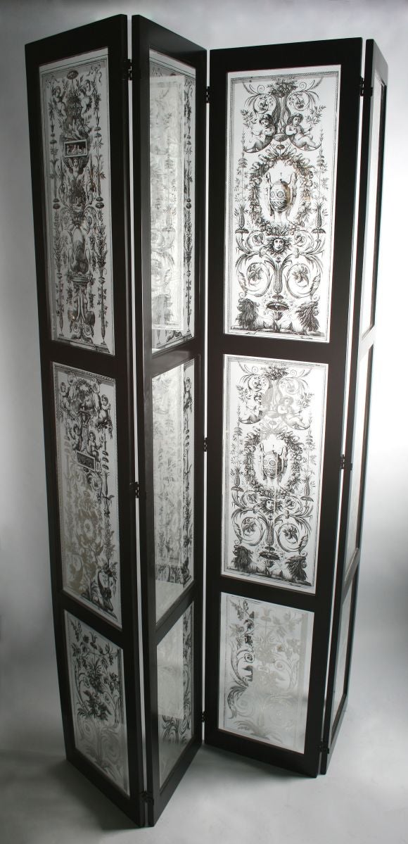 Pair of Monumental Glass Panel Screens with Rococo Scenes at 1stDibs